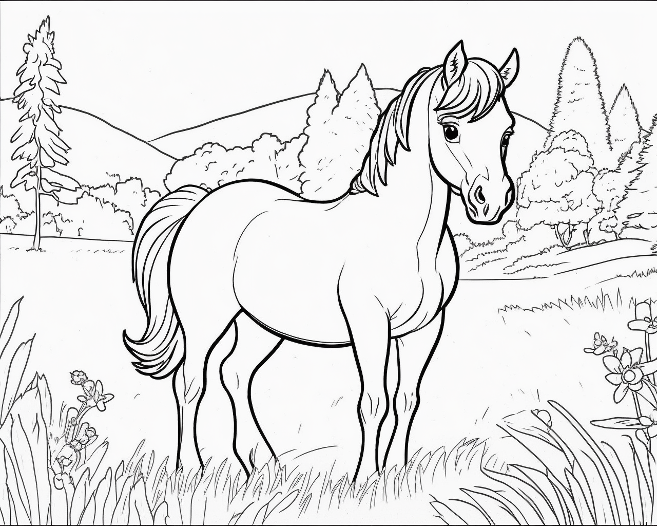 omalovánky koně krásná kobyla stojící na louce - Omalovánky k ...