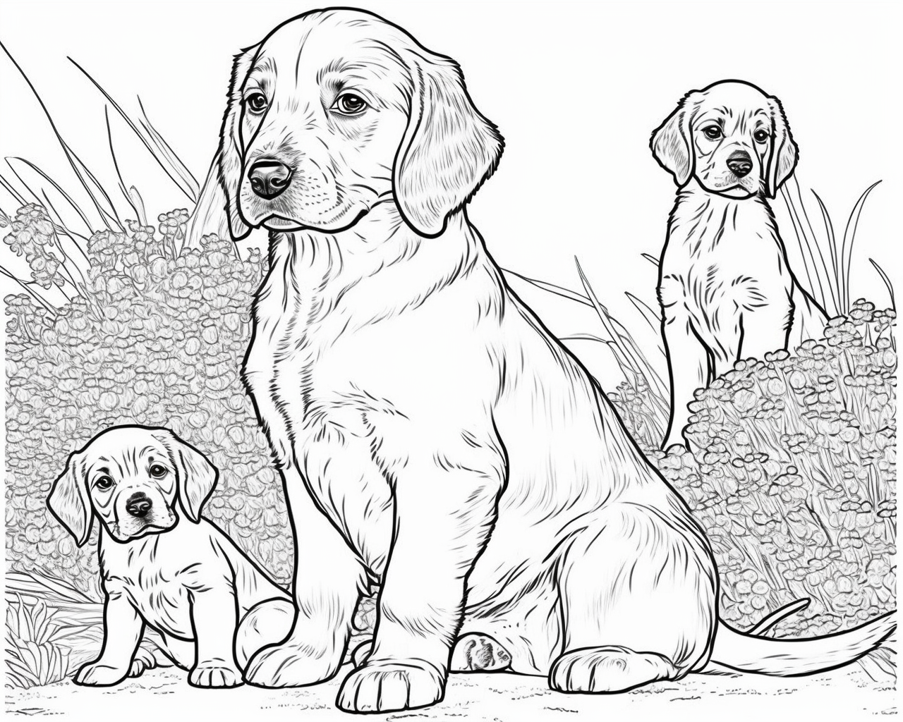 pes omalovánky fena a dvě štěňata - Omalovánky k vytisknutí zdarma